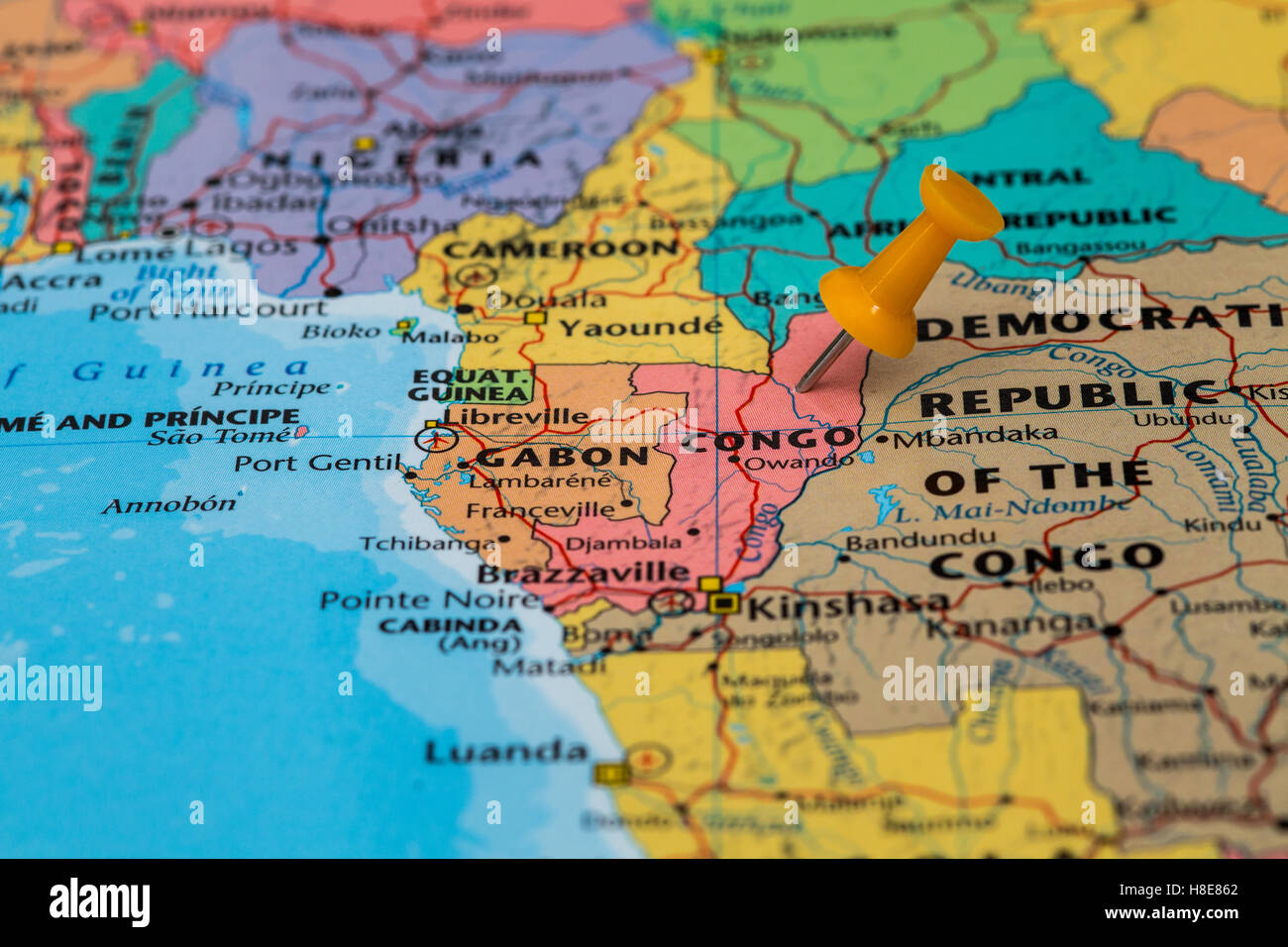 Map of Congo with a orange pushpin stuck Stock Photo - Alamy