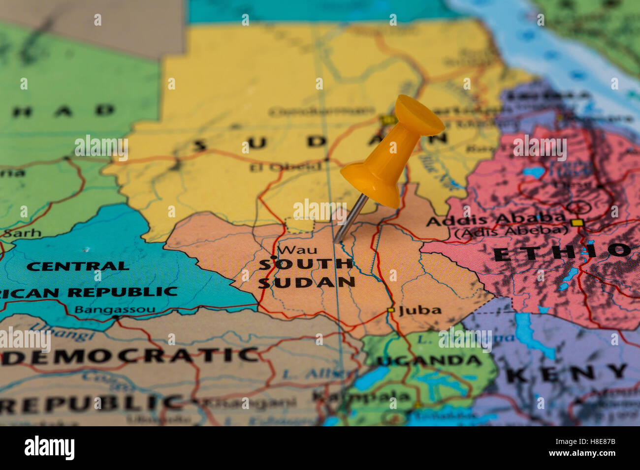 Map of South Sudan with a orange pushpin stuck Stock Photo - Alamy