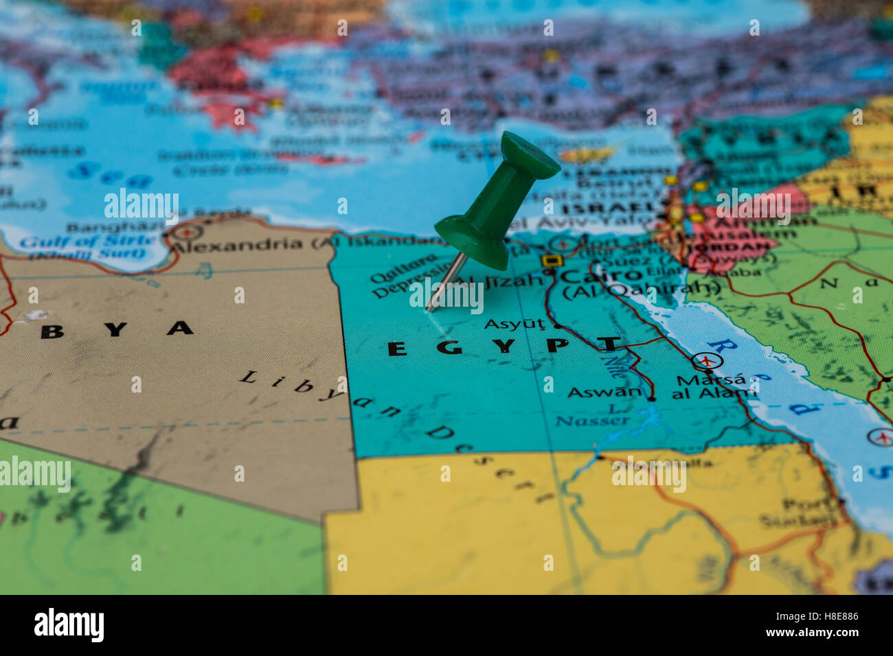 Map of Egypt with a green pushpin stuck Stock Photo - Alamy