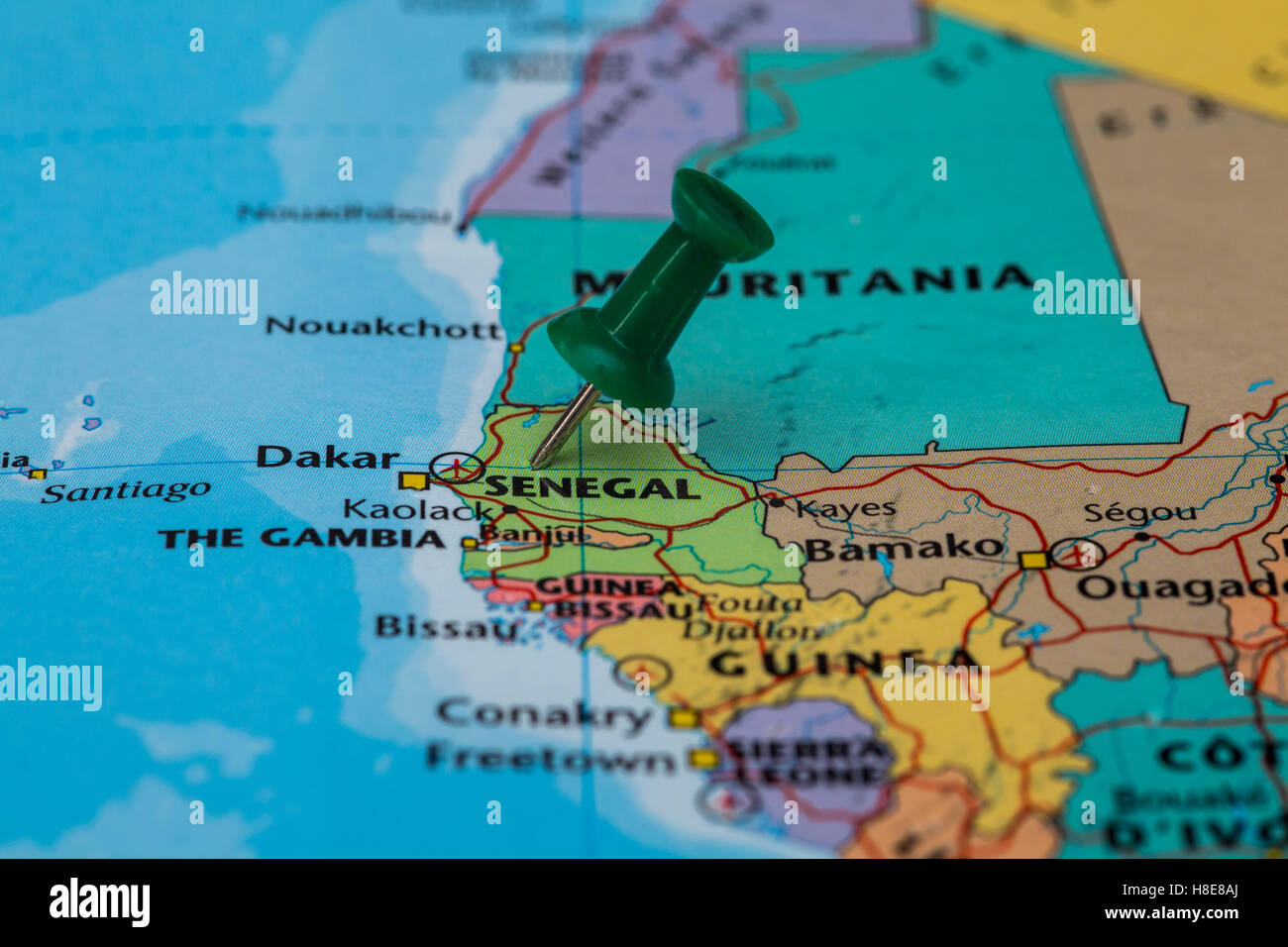 Map of Senagal with a green pushpin stuck Stock Photo - Alamy