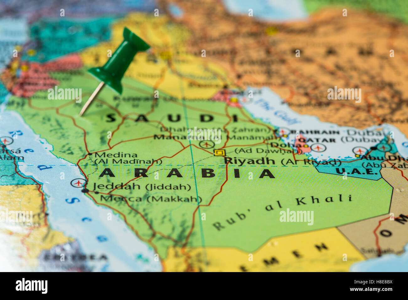 Map of Saudi Arabia with a green pushpin stuck Stock Photo - Alamy