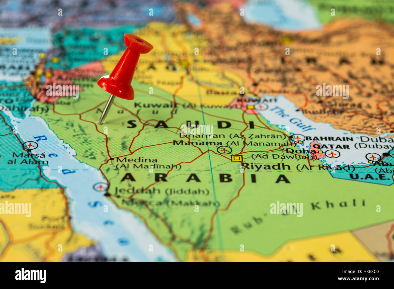 Map of Saudi Arabia with a red pushpin stuck Stock Photo - Alamy