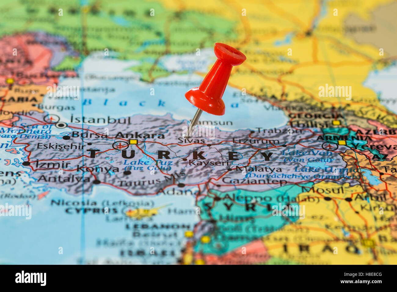 Map of Turkey with a red pushpin stuck Stock Photo - Alamy
