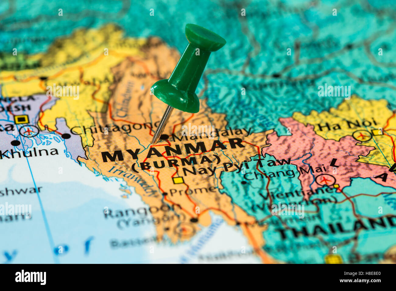 Map of Myanmar with a green pushpin stuck Stock Photo - Alamy
