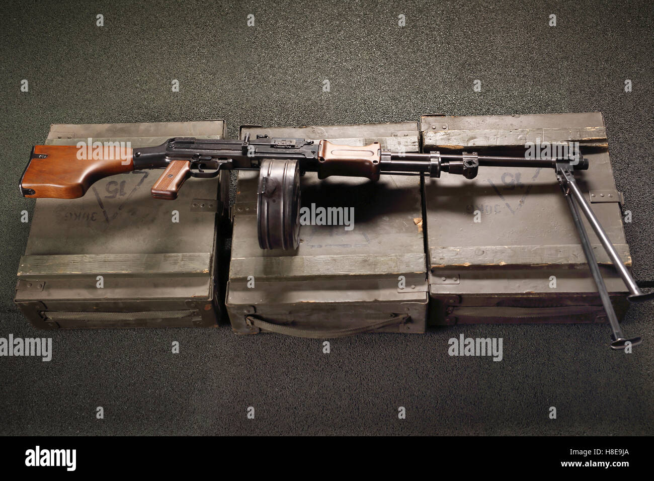 The weapon lies on the boxes of ammunition. Light machine gun DP ...
