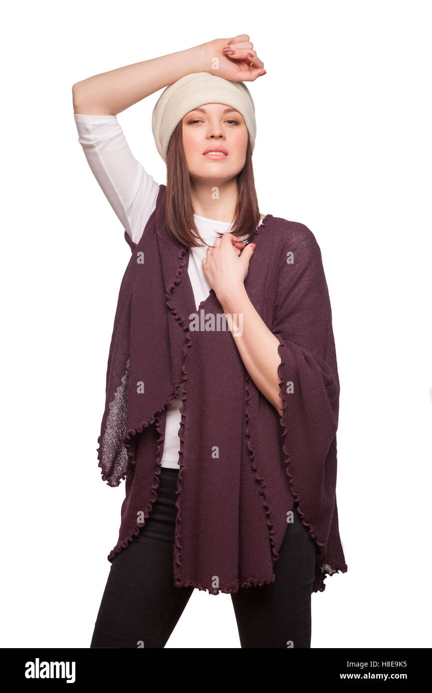 Young beautiful happy fashion model with scarf and hat. isolated on ...