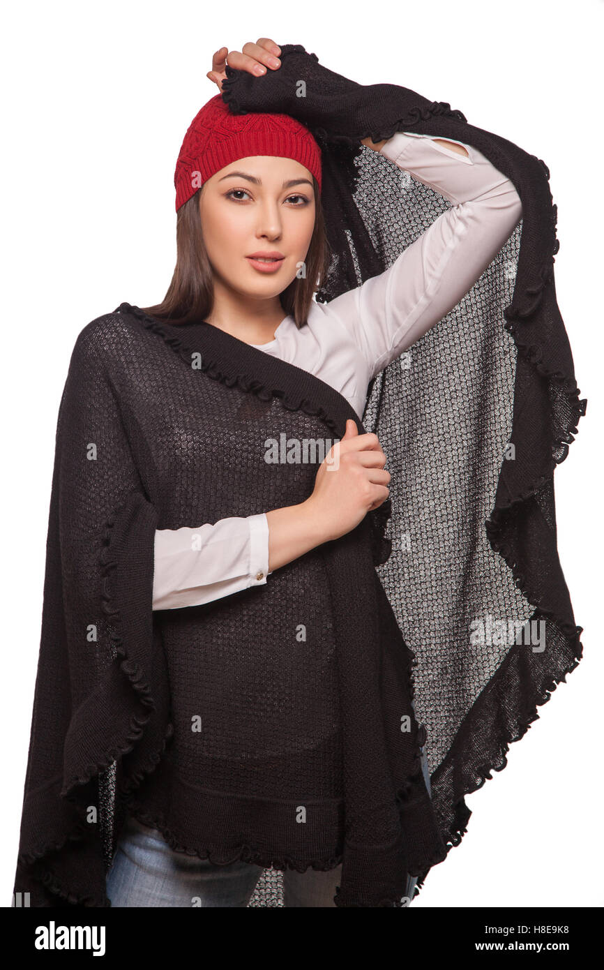 Young beautiful happy fashion model with scarf and hat. isolated on ...