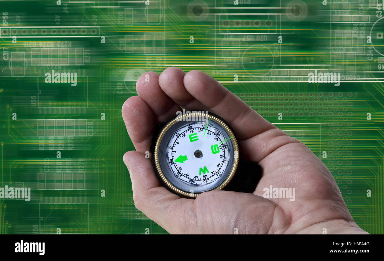 Compass in hand looking with high tech background Stock Photo - Alamy
