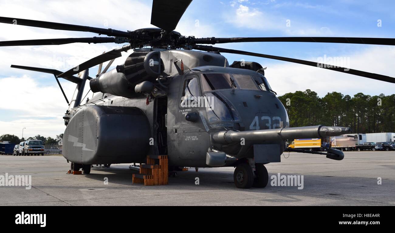 A Sikorsky MH-53E Sea Dragon helicopter operated by the U.S. Navy on a runway at Pensacola Naval ...