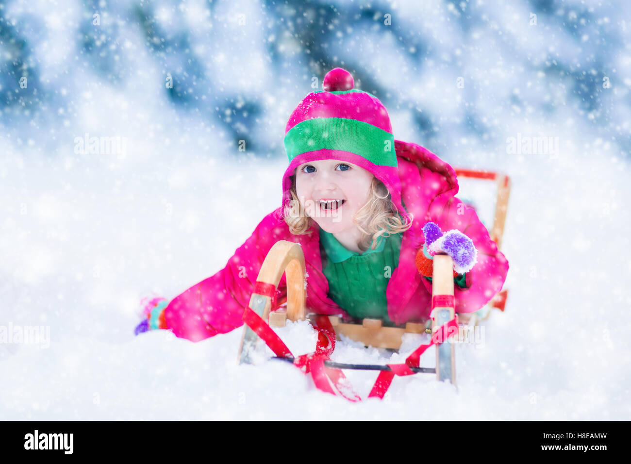 Little girl enjoying a sleigh ride. Child sledding. Toddler kid riding a sledge. Children play ...
