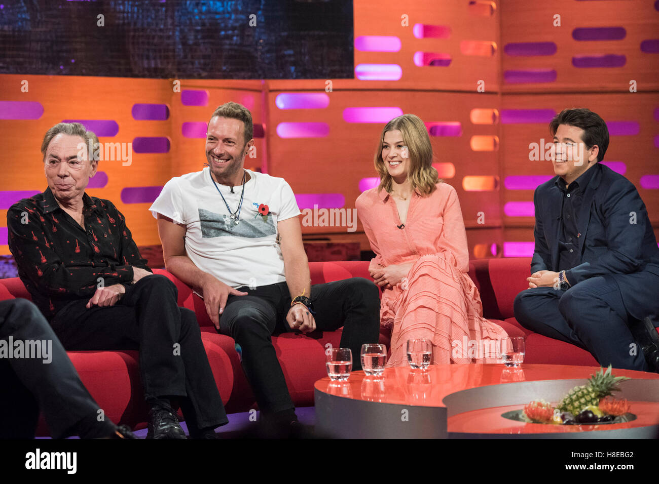 (left to right) Andrew Lloyd Webber, Chris Martin, Rosamund Pike and ...
