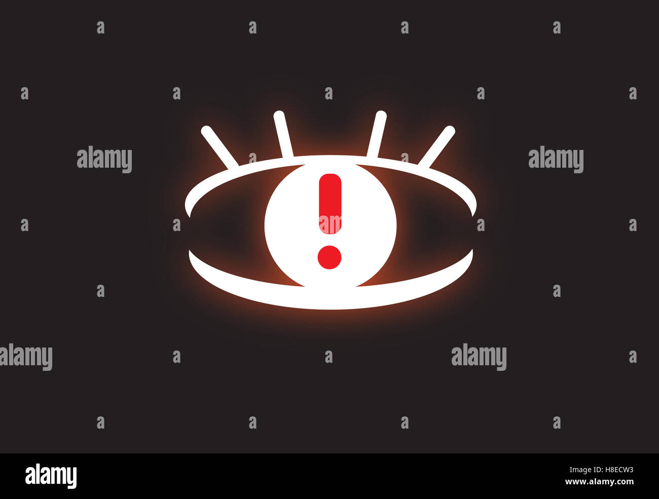 Eye warning, black background, with red exclamation mark. Glowing Stock ...