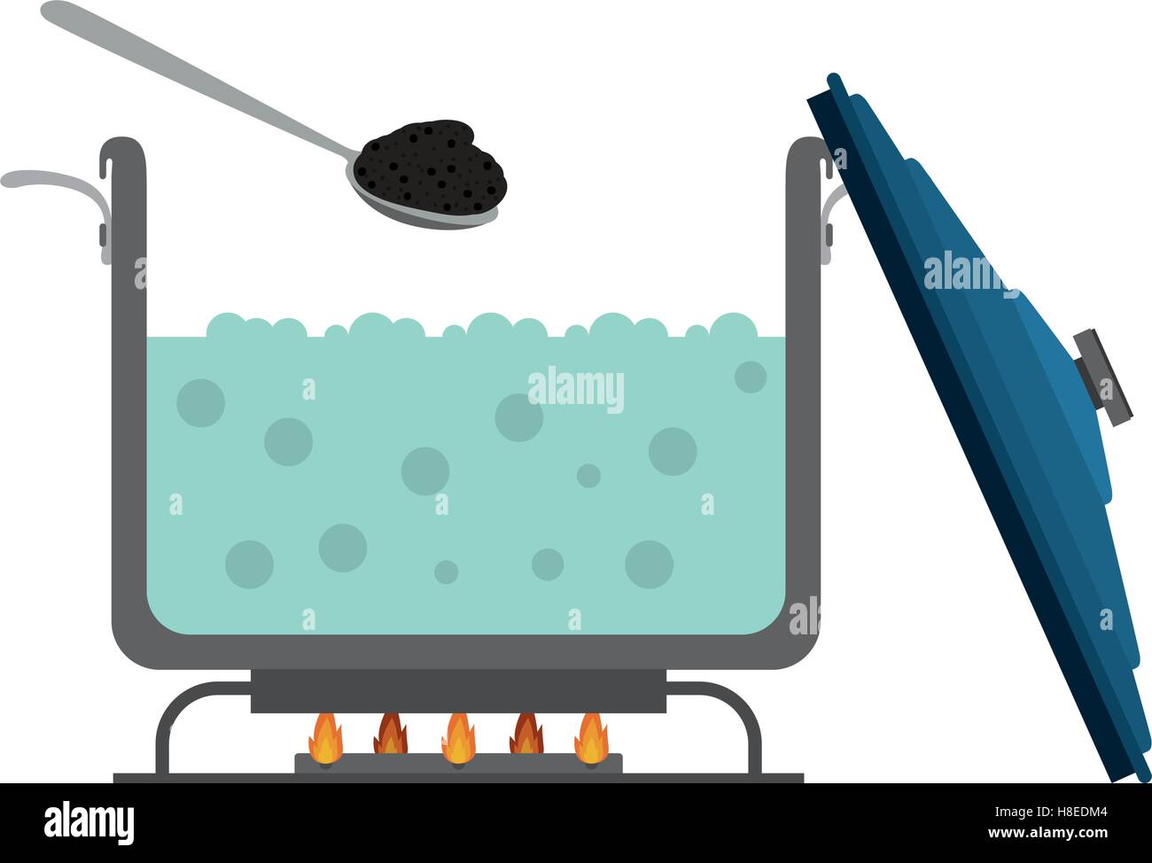 cooking in a kitchen pot adding ingredient over white background ...