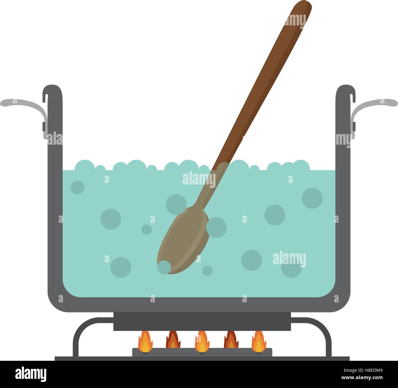 cooking in a kitchen pot adding ingredient over white background ...