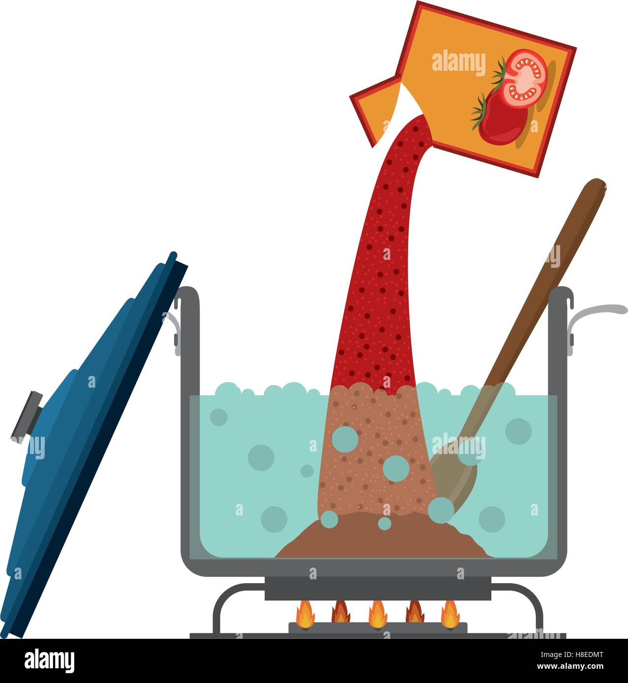 cooking in a kitchen pot adding ingredient over white background ...