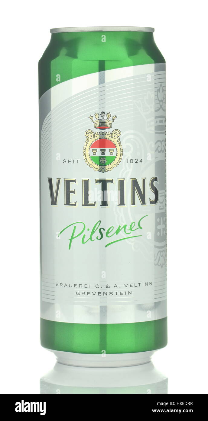 Veltins pilsener beer isolated on white background. Veltins pilsener is brewed in Brauerei C and ...