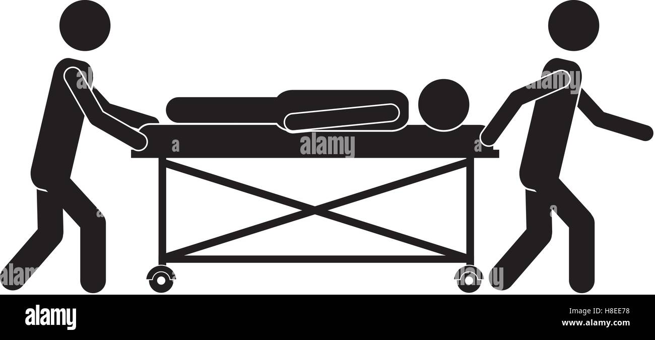 injuried Patient lying on a hospital bed with nurse. pictogram design ...