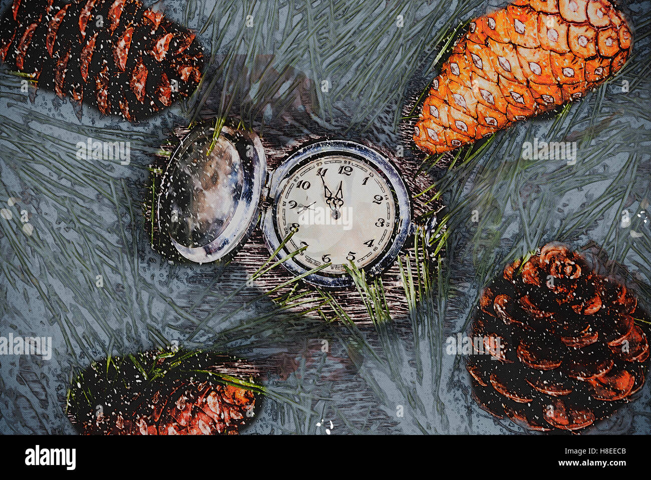Christmas fir tree with cones and clock Stock Photo - Alamy