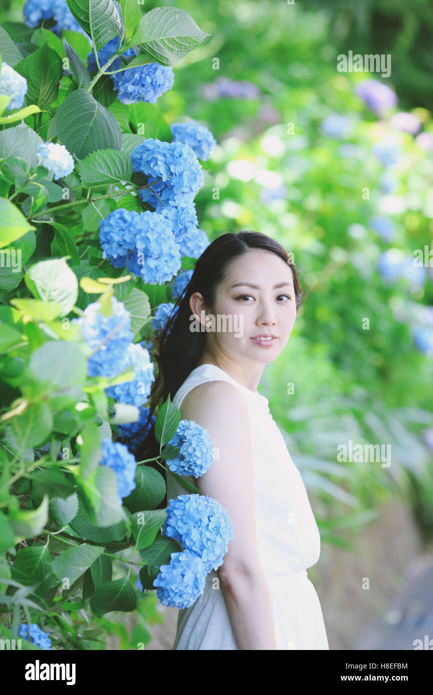 Young Japanese woman with Hydrangea flowers in a city park Stock Photo - Alamy