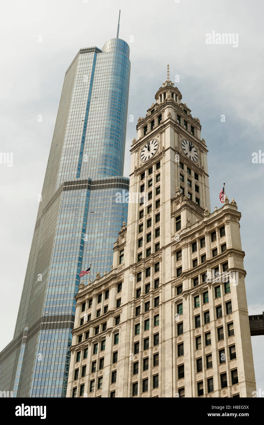 Chicago landmarks, low angle view of Trump Tower and Wrigley Building ...