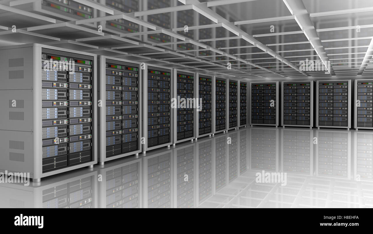 Modern interior of server room in datacenter, 3D illustration Stock ...