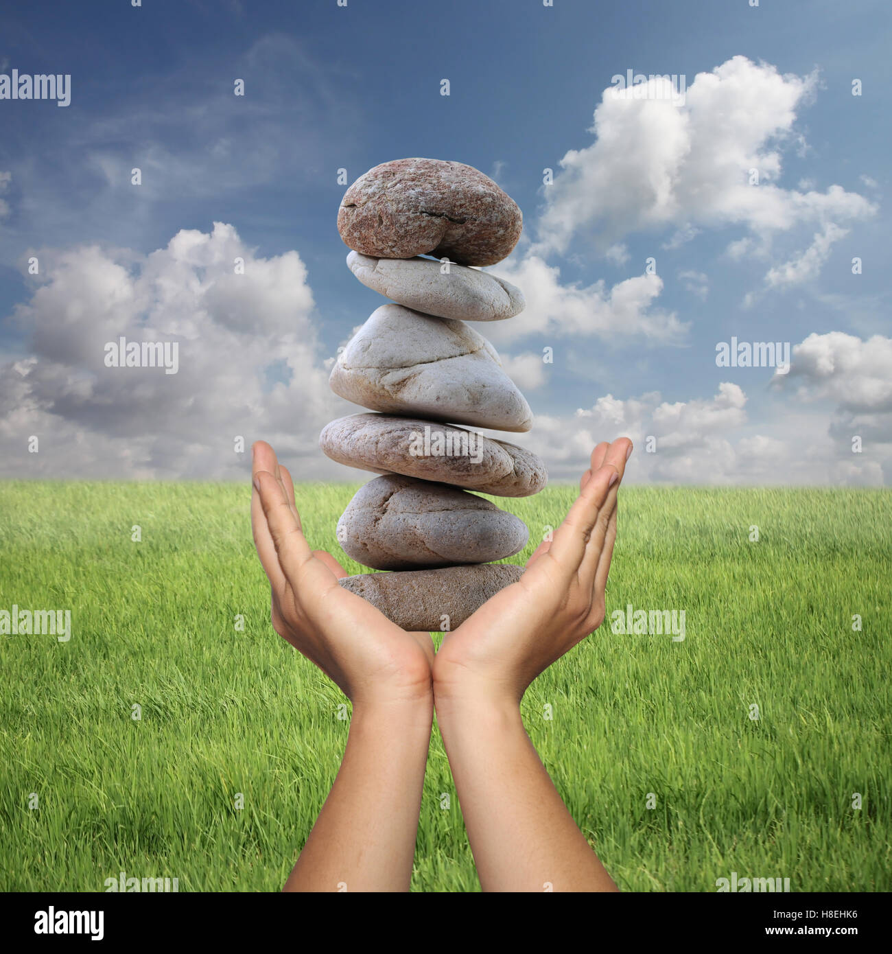 Balance stone in men hands of symbol and have green meadow and blue sky ...