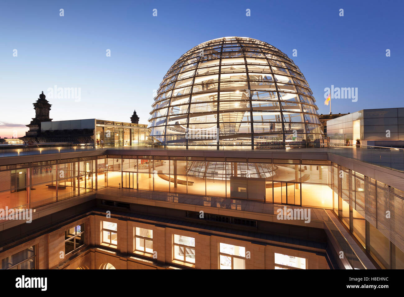 The Dome by Norman Foster, Reichstag Parliament Building at sunset ...