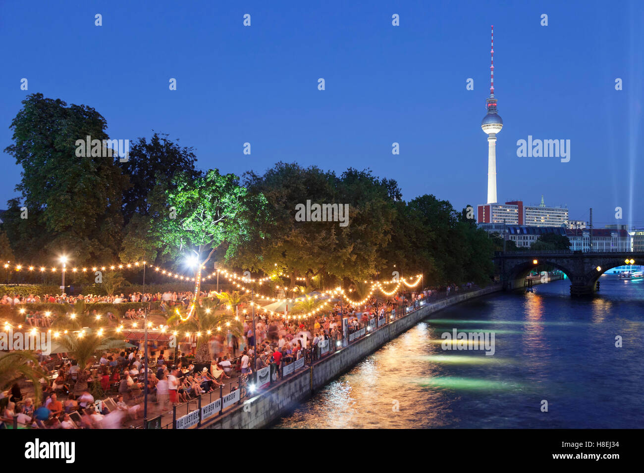 Urban beach Strandbar Mitte near Bode Museum, TV Tower, Spree River ...