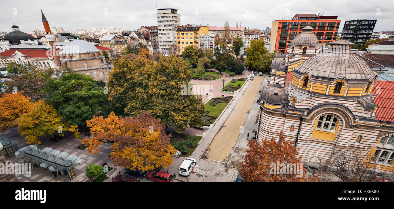 A horizontal view of downtown Sofia with the synagogue, the mosque and ...