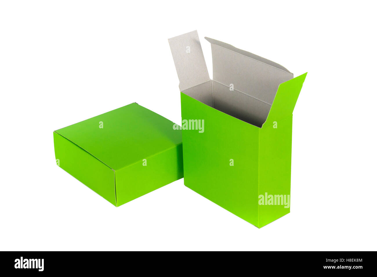 Two green Box with lid open or green paper package box isolated on ...