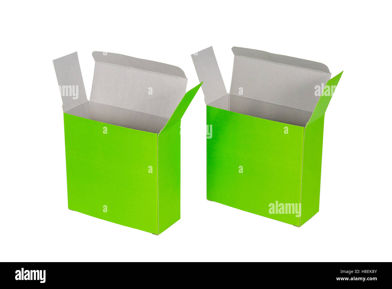 Two green Box with lid open or green paper package box isolated on ...