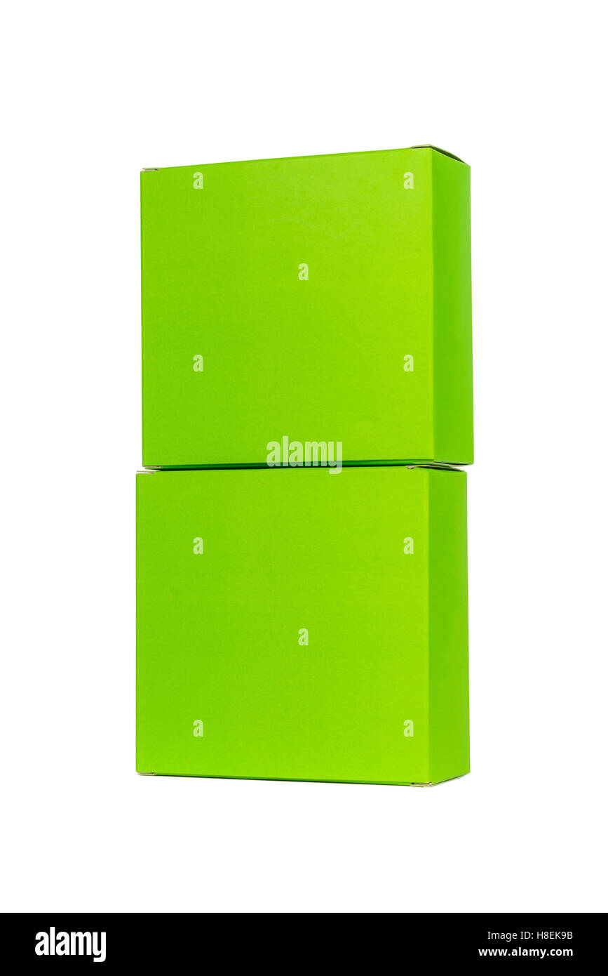 Green boxes stacked or green paper package box isolated on White ...