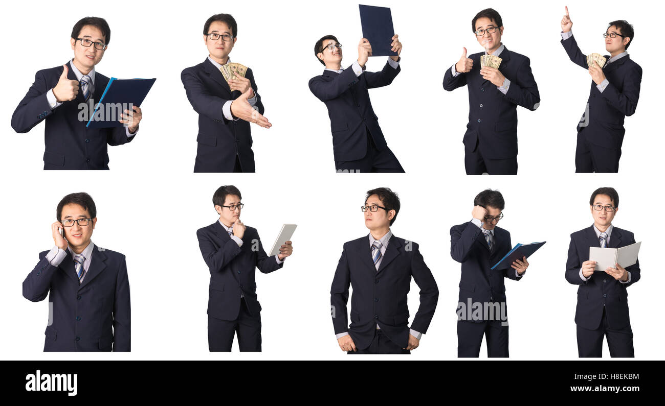 Set of Asian businessman in various poses isolated on white, different ...