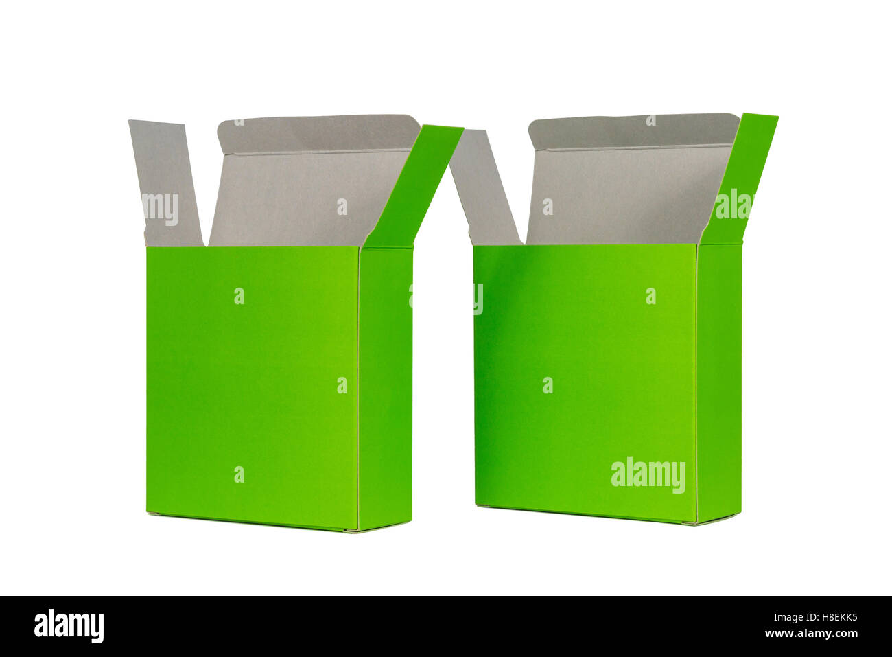 Two green Box with lid open or green paper package box isolated on ...