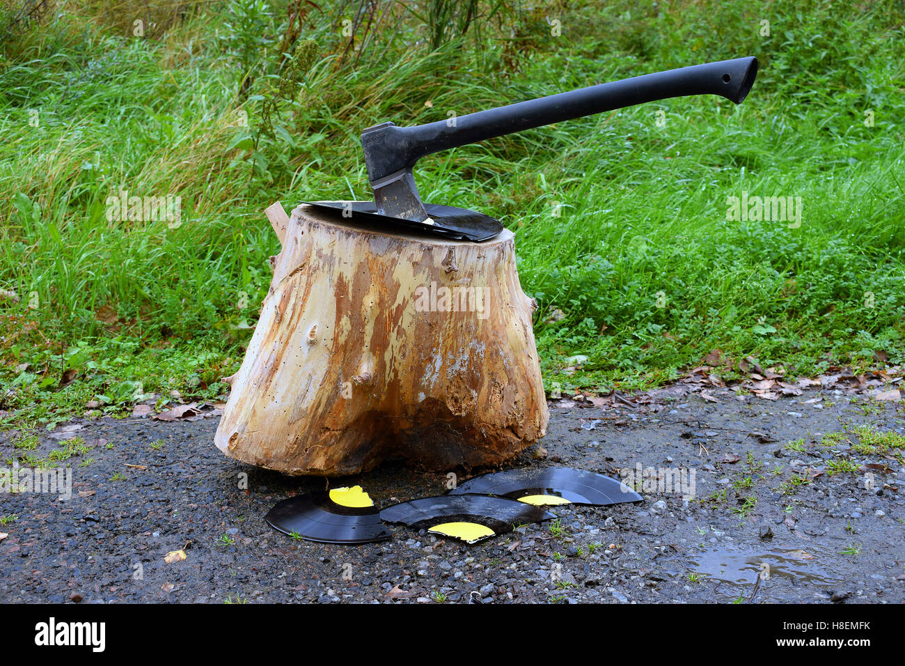 Destroying albums with axe Stock Photo - Alamy