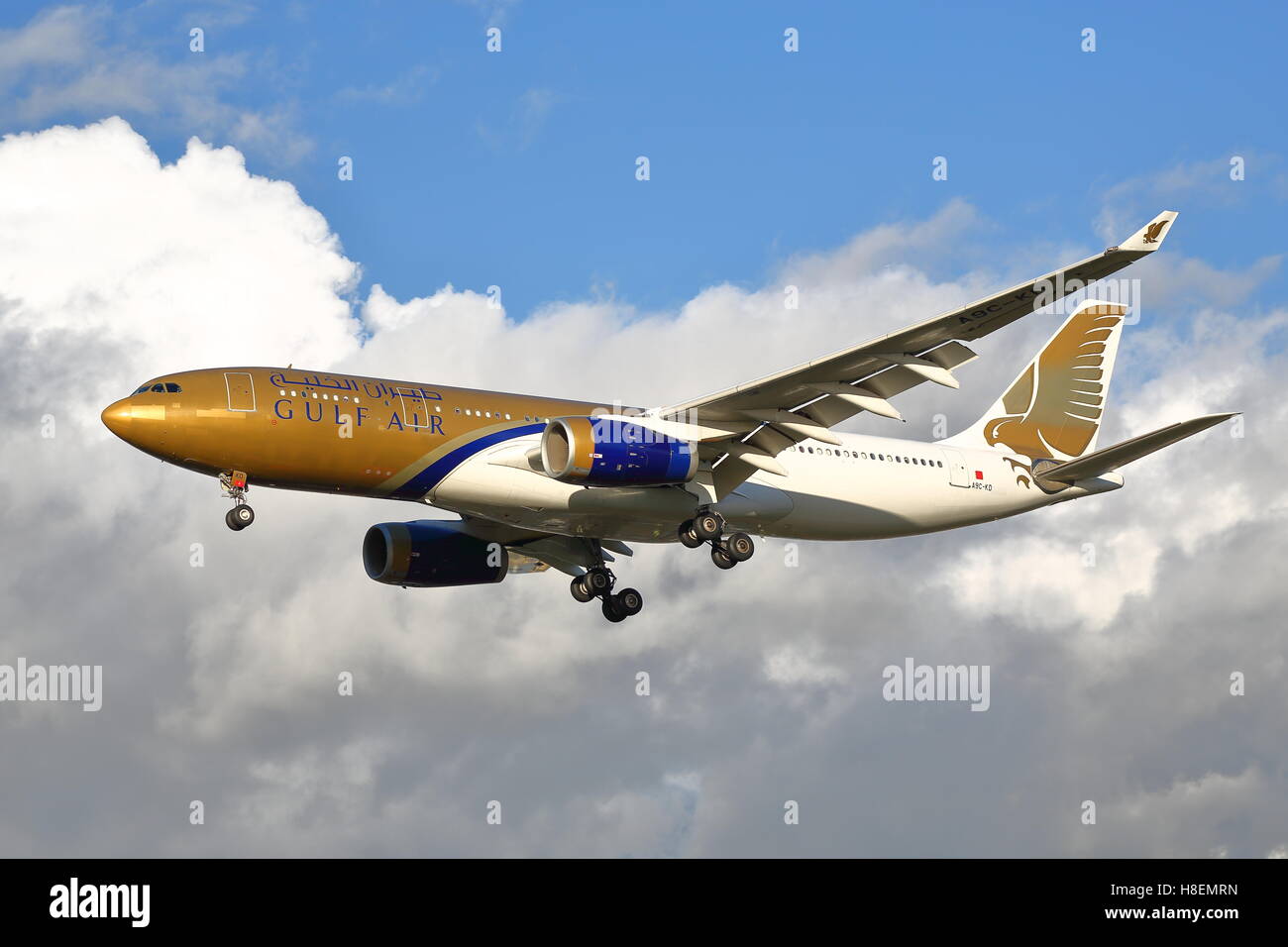 Gulf Air Airbus 330-200 A9C-KD landing at Heathrow Airport, London, UK ...