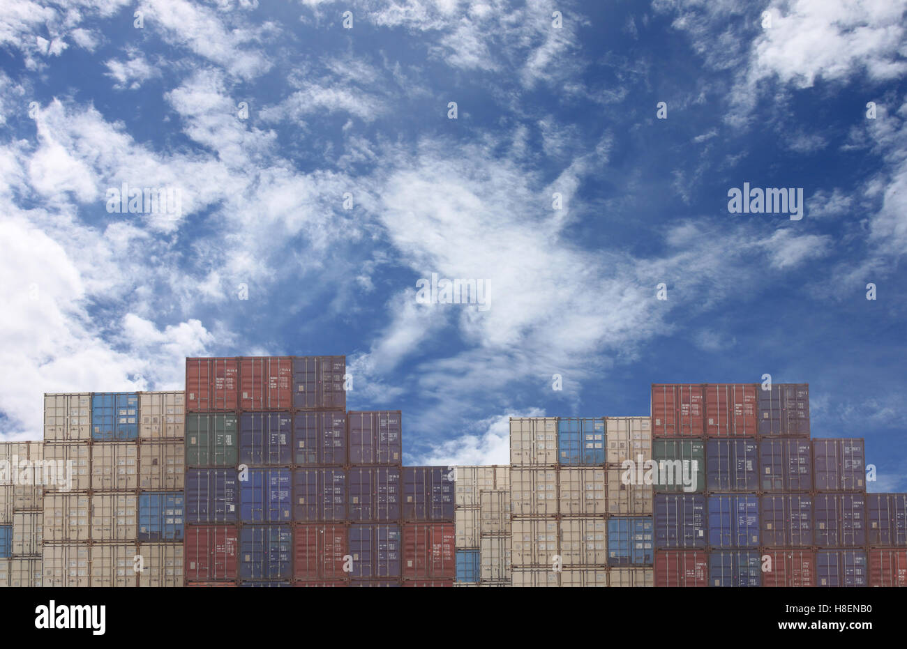 Cargo containers stack in sea port and blue sky background Stock Photo ...