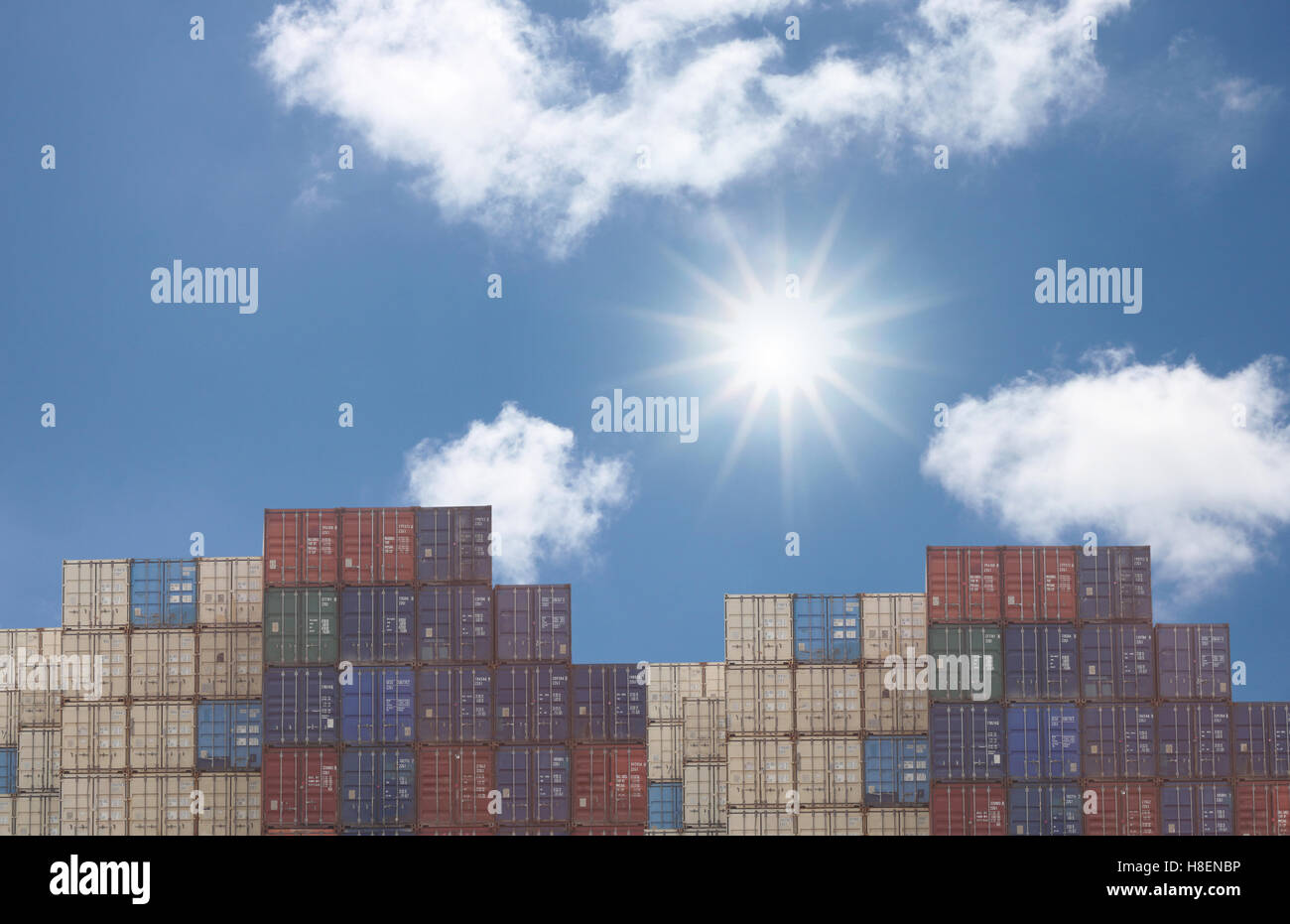 Cargo containers stack in sea port and blue sky background Stock Photo ...
