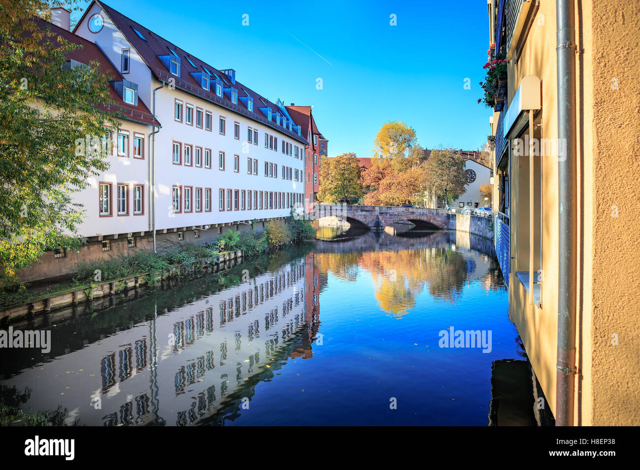 The riverside of Pegnitz river in Nuremberg town, Germany Stock Photo ...