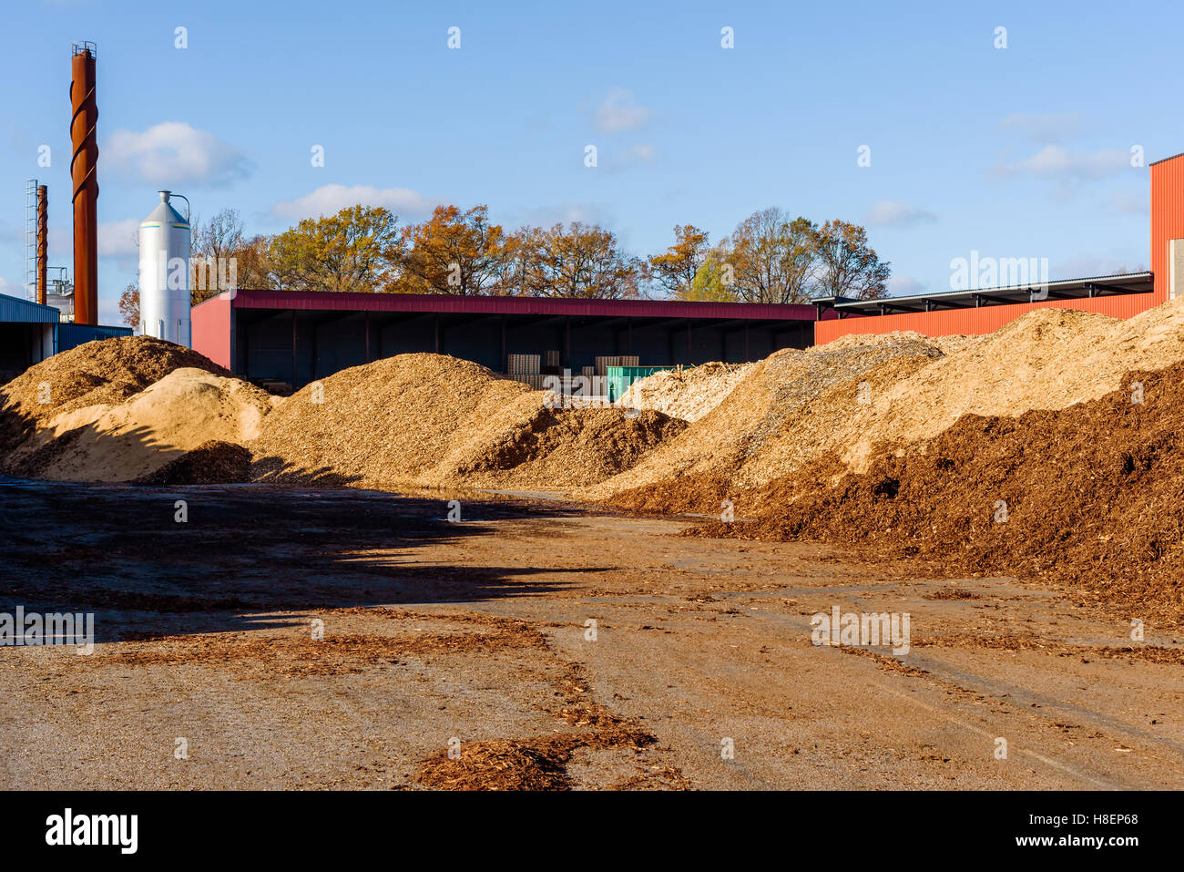 Large pile of biomass solid fuel in the form of medium sized wood chips ...