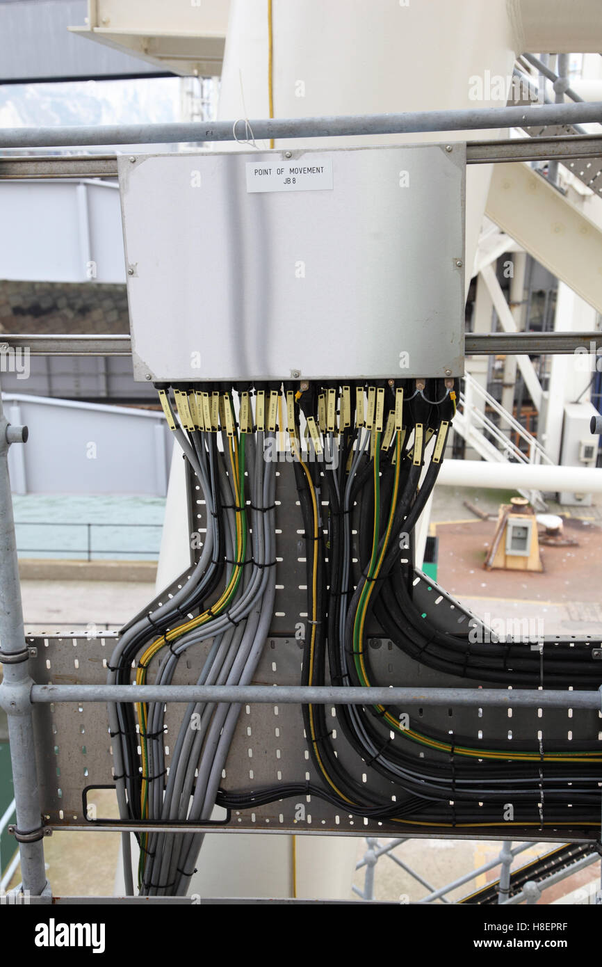 Closeup of a hydraulic jack on a vehicle loading ramp at the ferry port ...