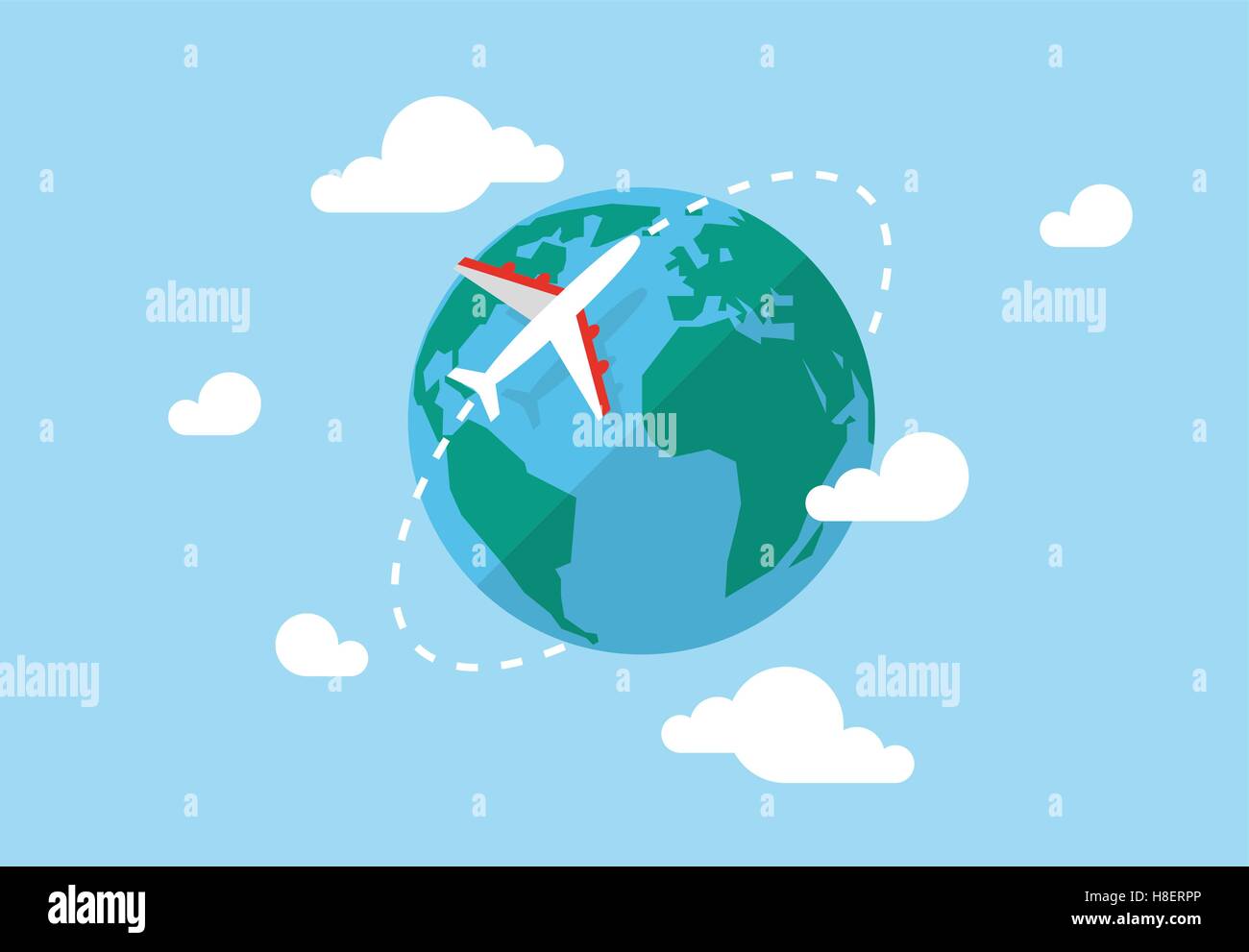 Isolated vector illustration of airplane, earth and clouds Stock Vector ...