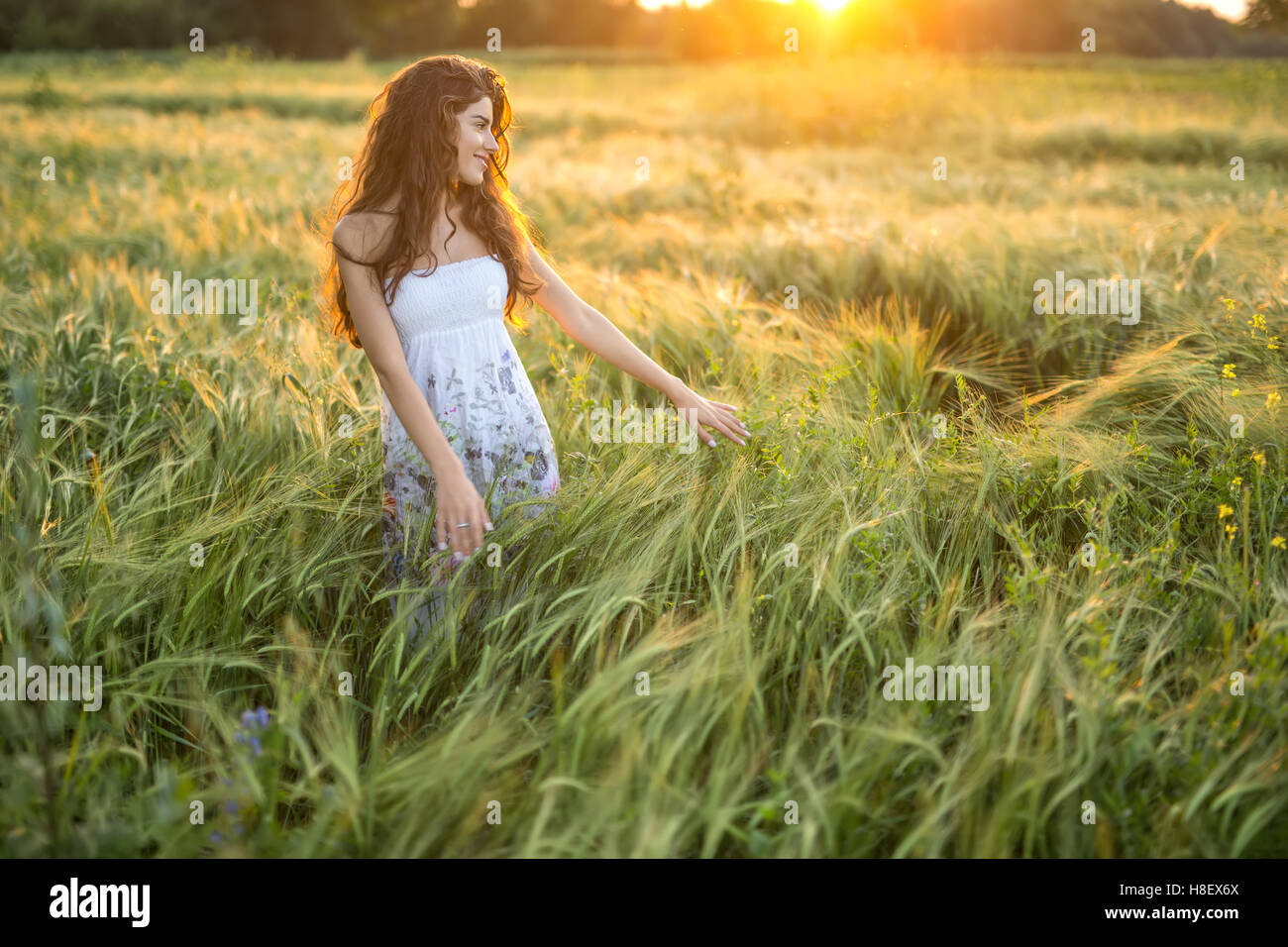 Girl in rye field Stock Photo - Alamy