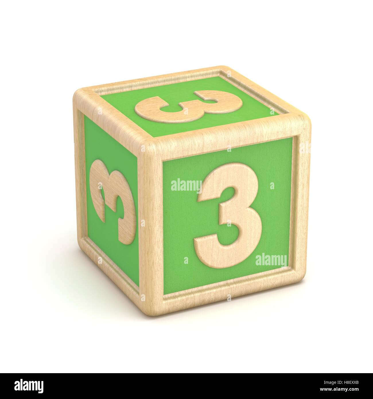 Number 3 THREE wooden alphabet blocks font rotated. 3D render ...