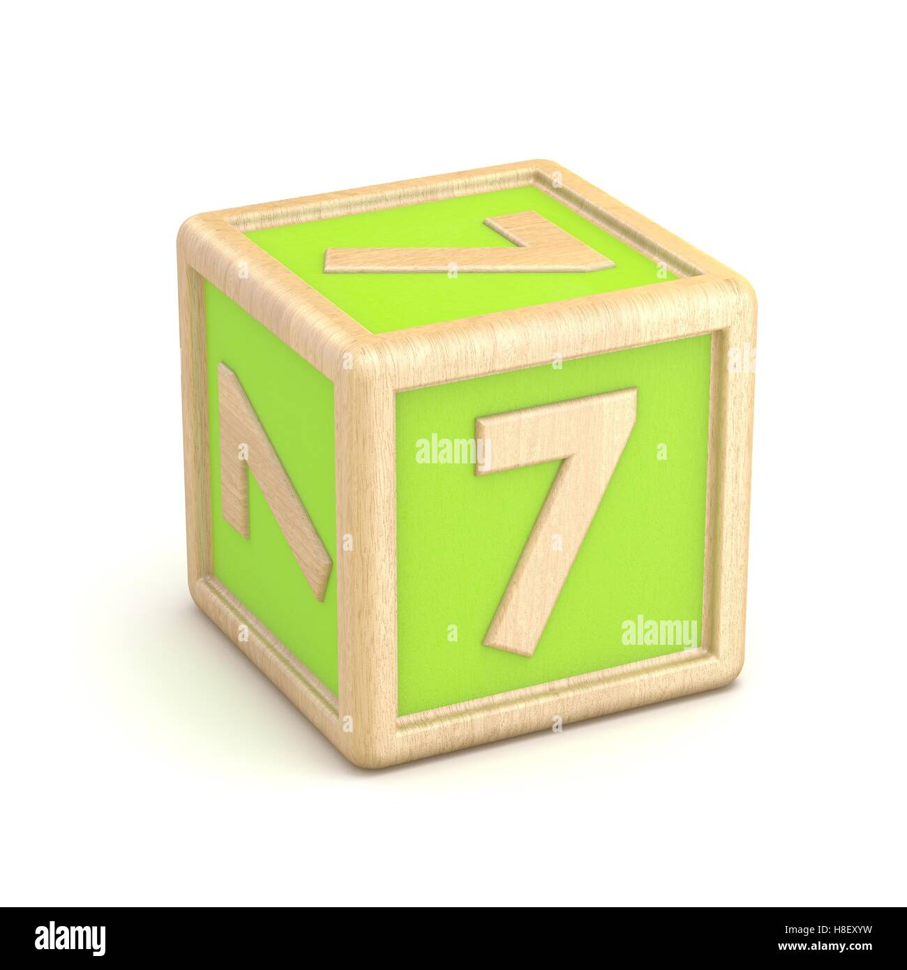 Number 7 SEVEN wooden alphabet blocks font rotated. 3D render ...
