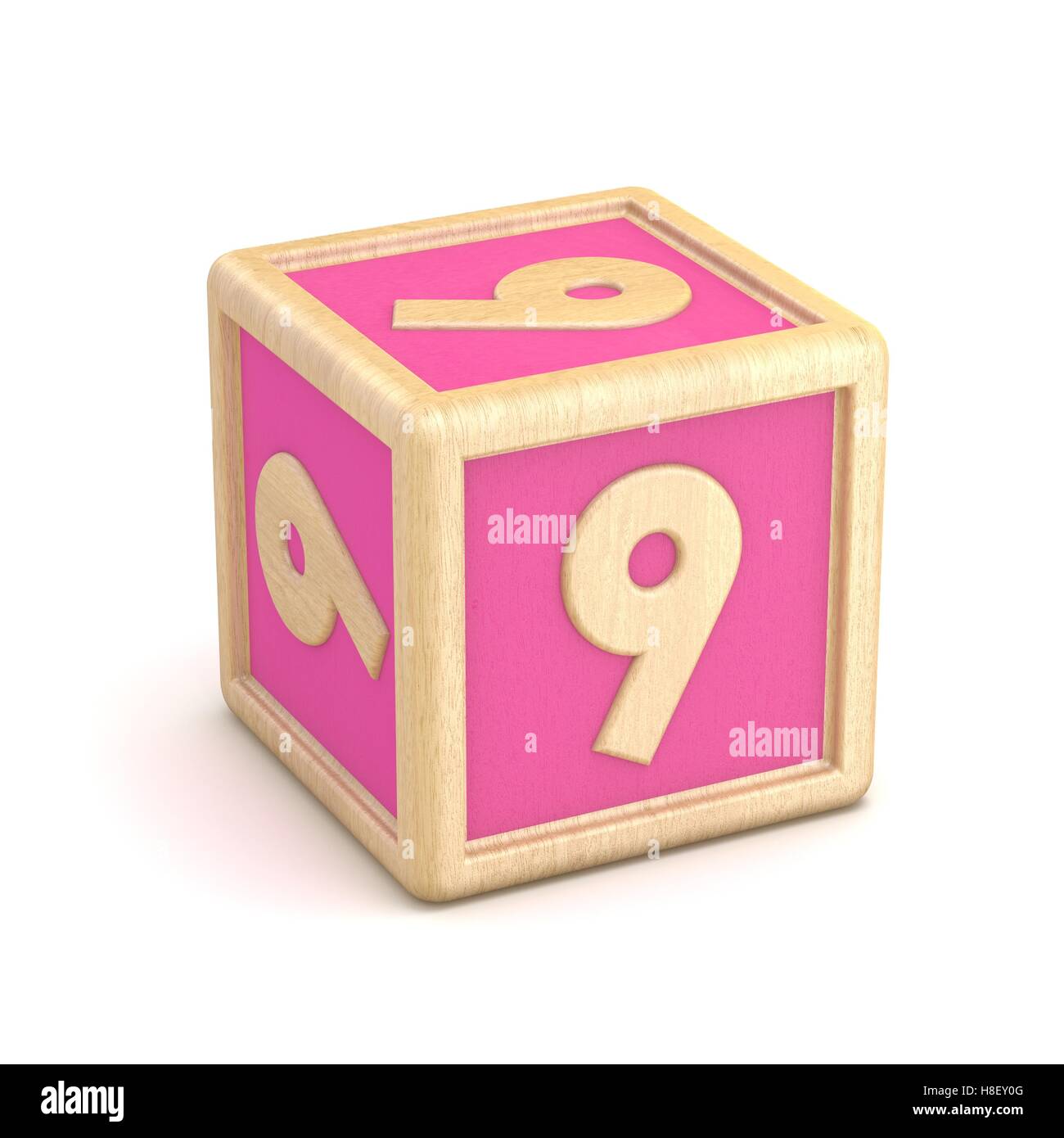 Number 9 NINE wooden alphabet blocks font rotated. 3D render ...