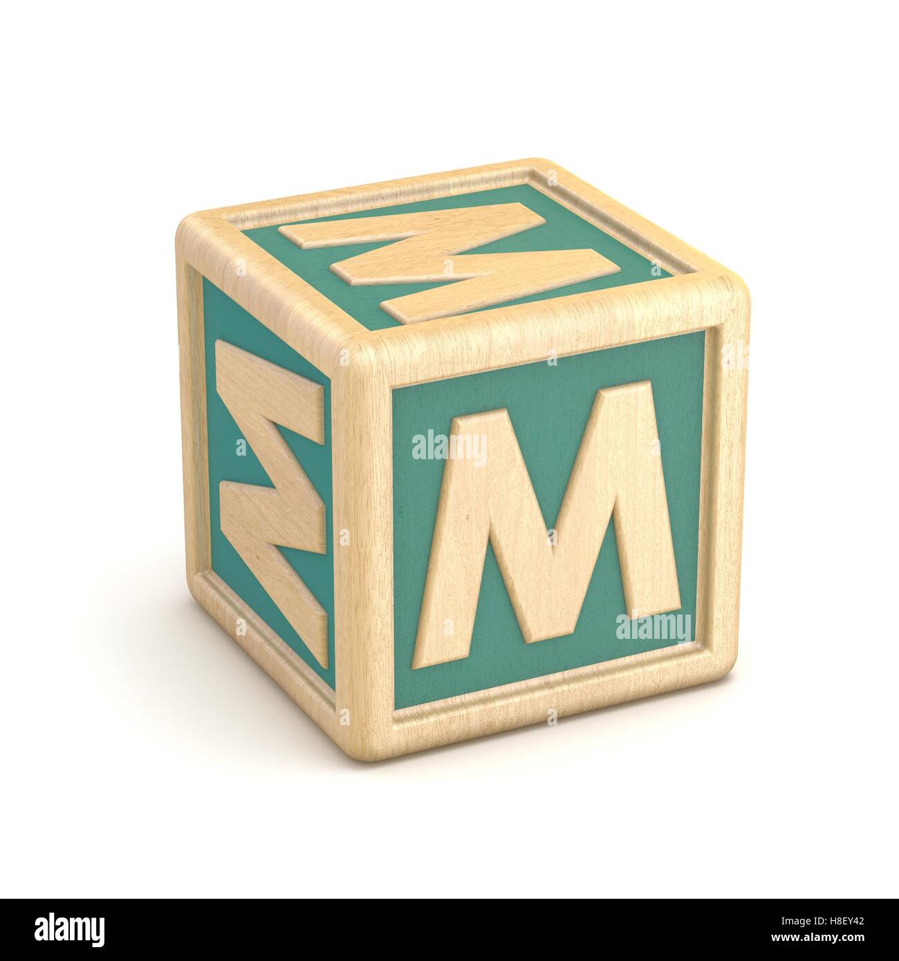 Letter M wooden alphabet blocks font rotated. 3D render illustration ...