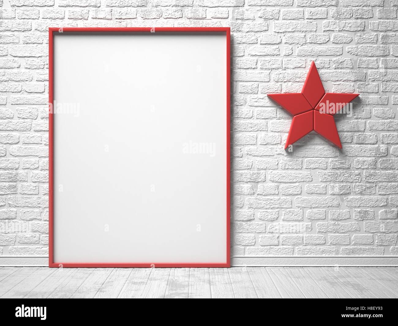Mock-up red canvas frame, red star decor and brick wall. 3D render ...