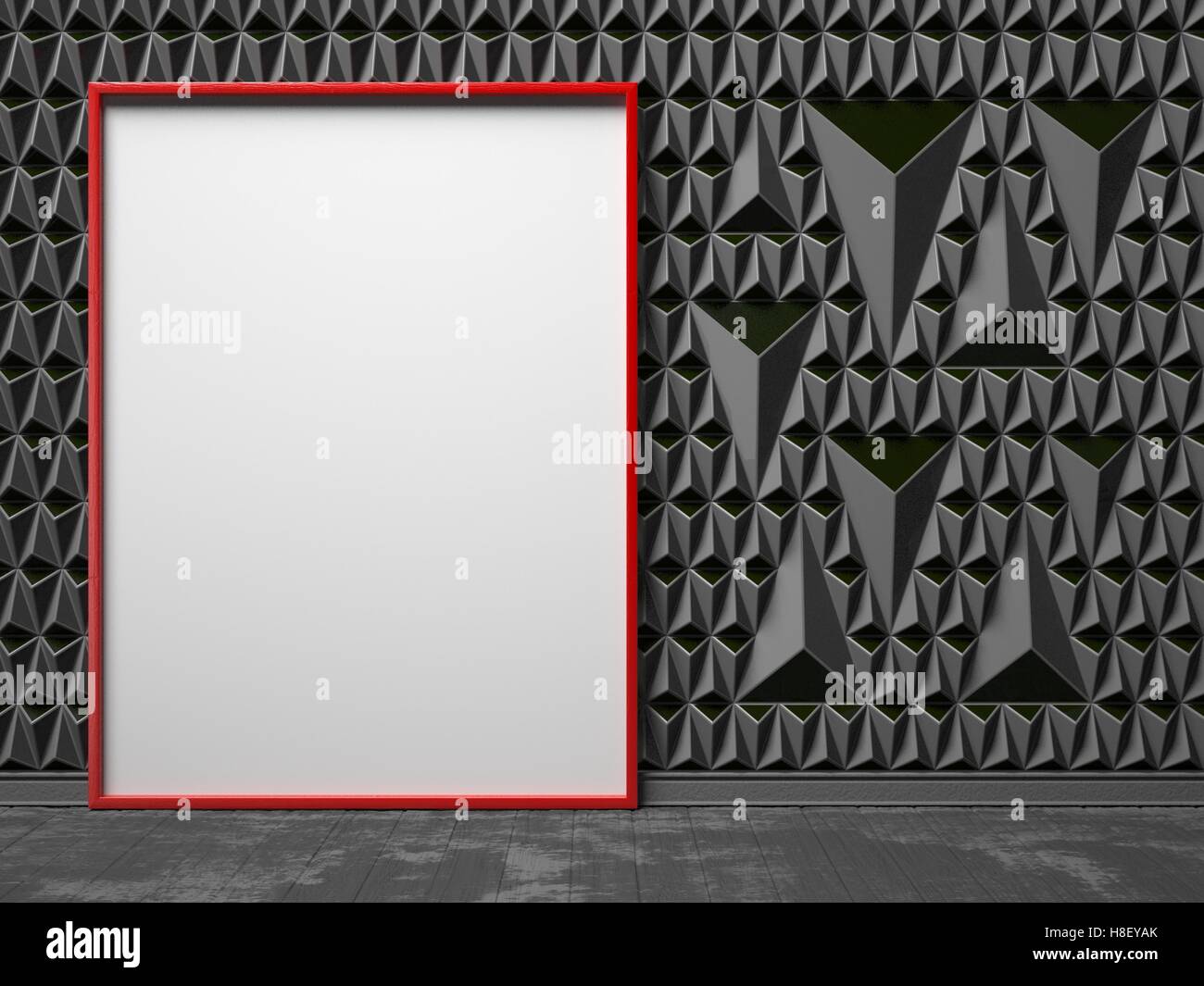 Blank, red, picture frame on black triangulated background. Mock up ...