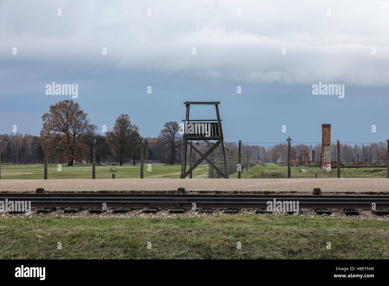 Watch tower at the Birkenau concentration camp run by German Nazis ...
